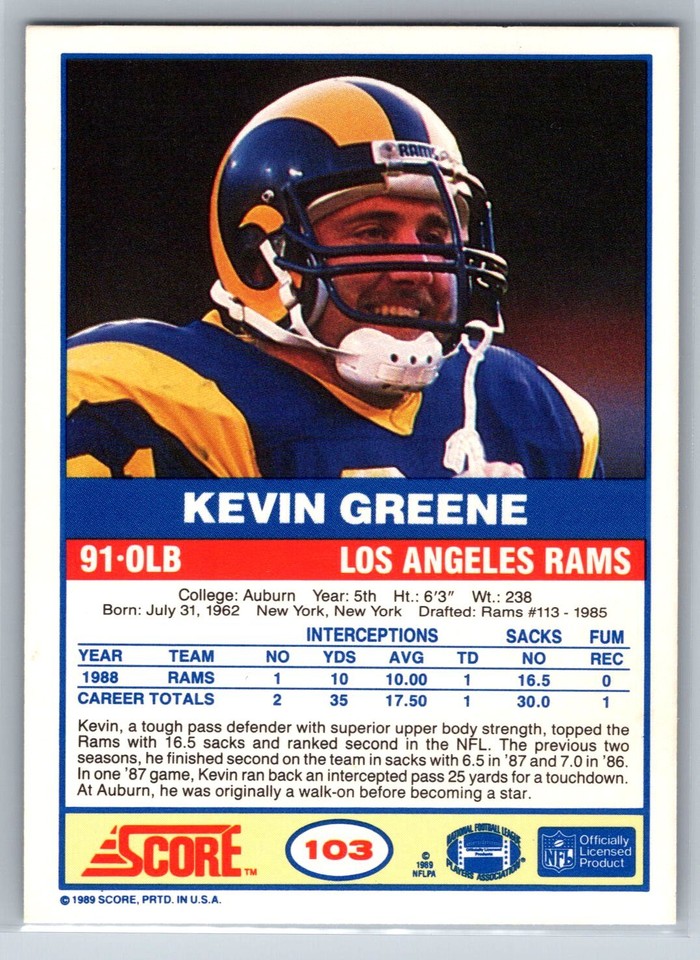 1989 Score Kevin Greene Los Angeles Rams #103 | eBay