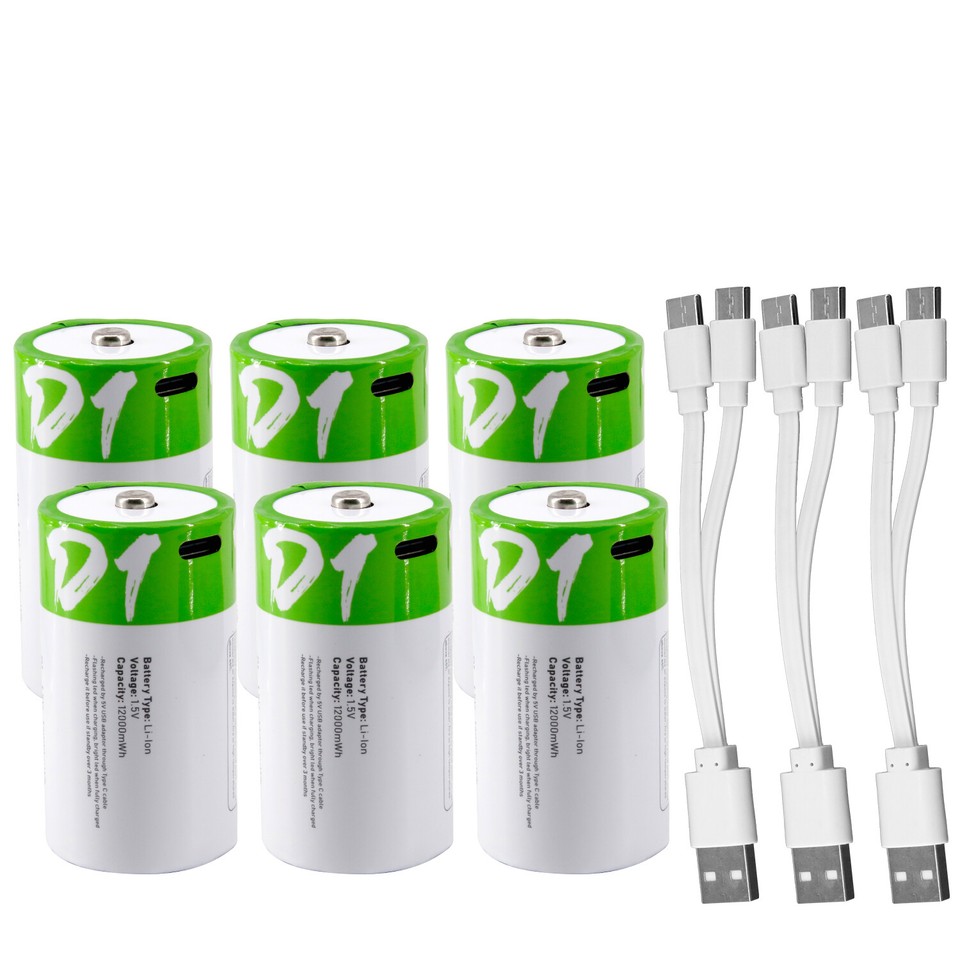 USB 12000mWh Rechargeable D Size Lithium ion Batteries LR20 1.5V with ...