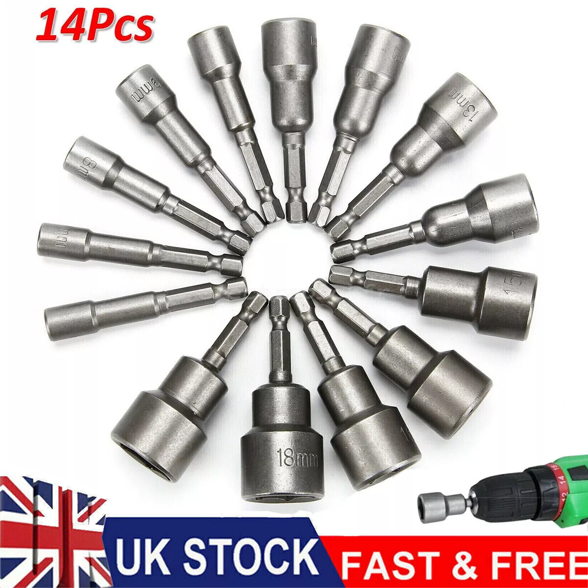 14 Pcs Hex Magnetic Nut Driver Socket Set Metric Impact Drill Bits ...