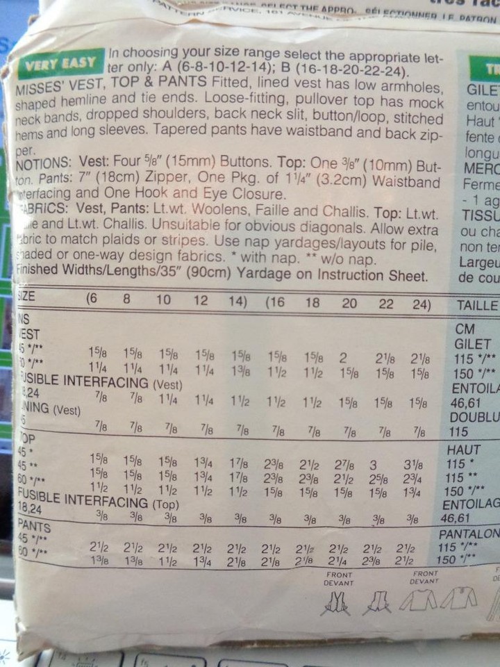 Butterick See & Sew Sewing Pattern 3611 Misses' Vest Top Pants 6 8 10 ...
