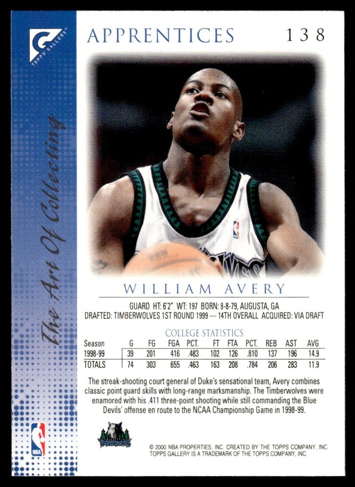 1999 Topps Gallery #138 William Avery - Minnesota Timberwolves - Rookie ...