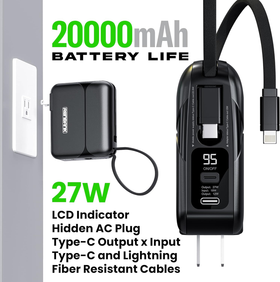 Power Bank -20000Mah-Smart Fast Portable Charger with Built-In AC Wall ...