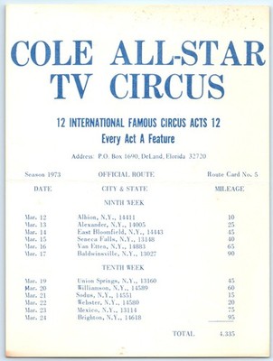 Cole All-Star TV Circus Route Card No 5 1973 Albion, Alexander, Van Etten NY | eBay