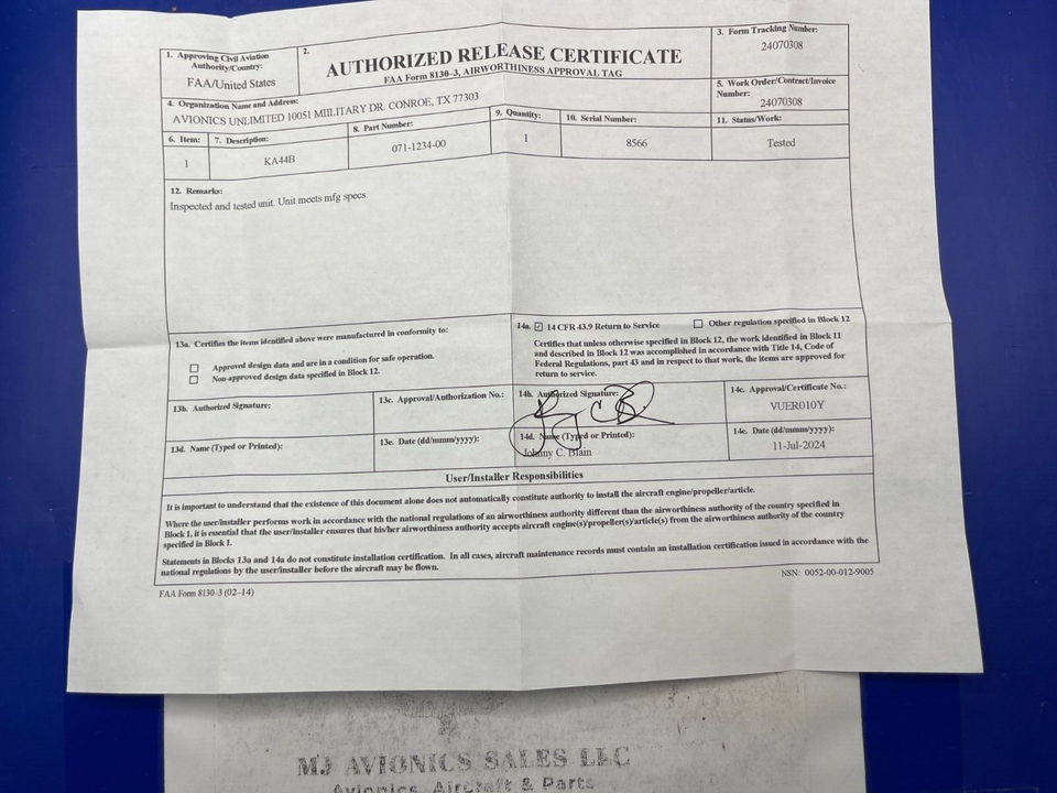 KING KA 44B ADF ANTENNA P/N 071-1234-00 WITH FAA FORM 8130-3 | eBay