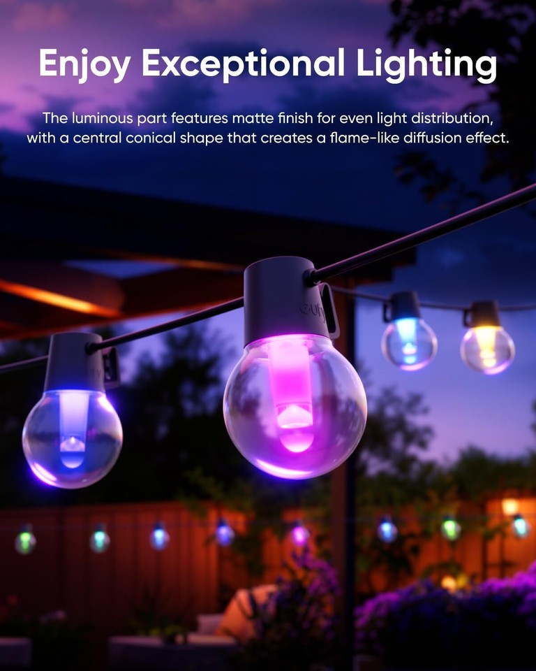 eufy Outdoor String Lights E10 96ft 30xSmart RGBWW LED Bulbs Voice ...