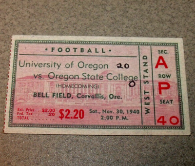 Oregon State College 11/30/1940 Football Ticket Stub vs Oregon Ducks ...