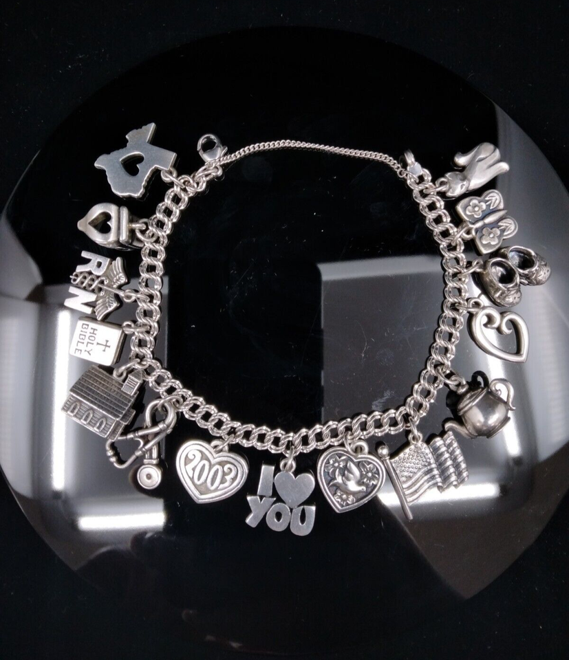 RETIRED James Avery 925 Charm Double Curb Link 8" Bracelet (15 Charms ...