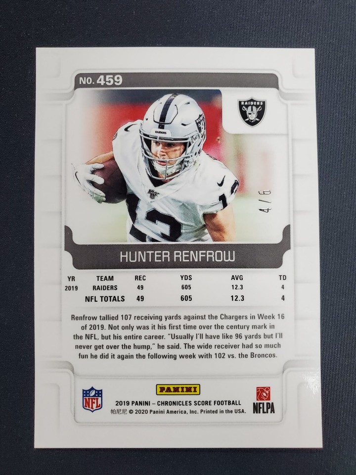 2019 CHRONICLES SCORE HUNTER RENFROW END ZONE RC ROOKIE /6 | eBay
