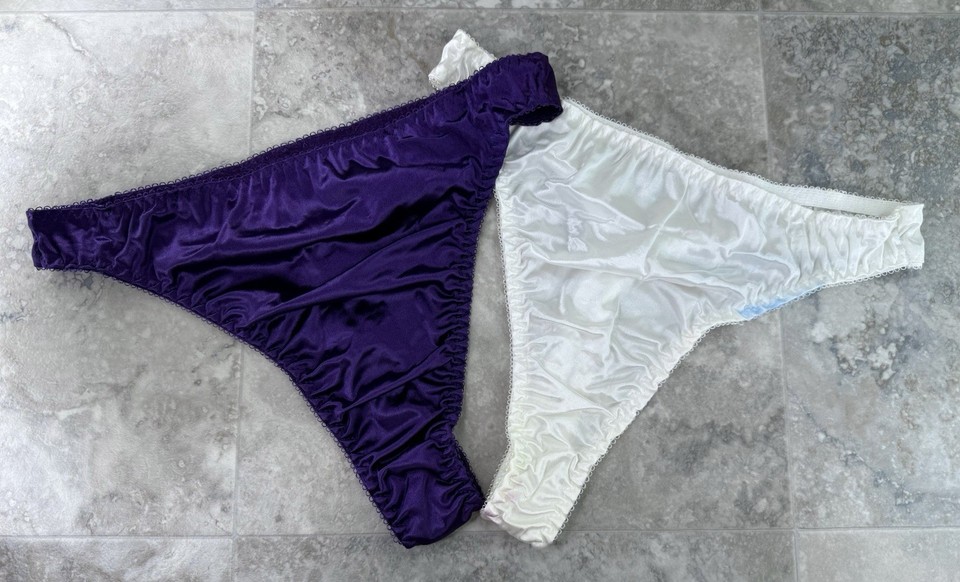 Vtg Nylon Panty Set of 2 NOS Secret Treasures Satin Thong Sz 9 Purple & White | eBay