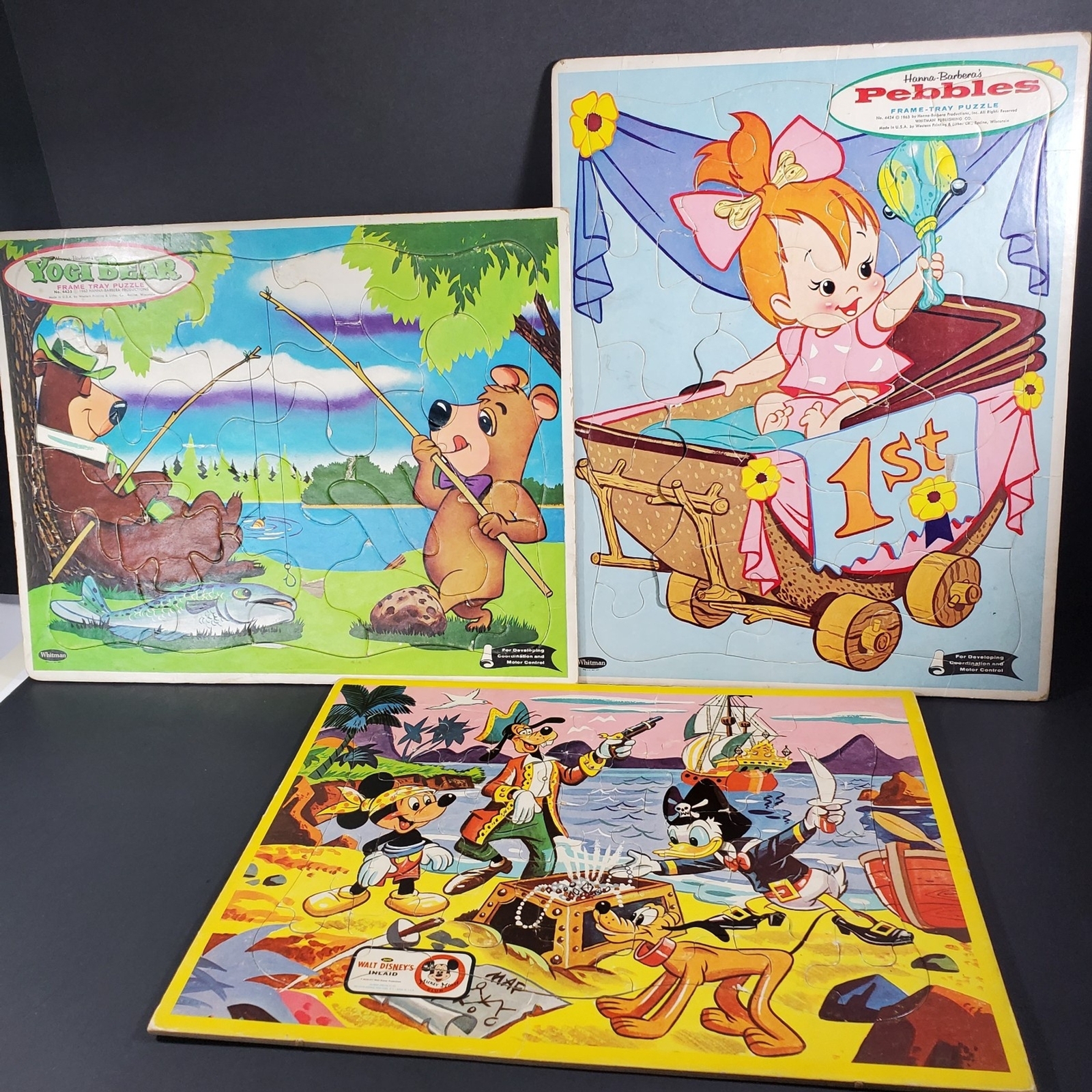 Set of 3 Vintage Children's Frame-Tray Puzzles, Mickey Mouse, Pebbles ...