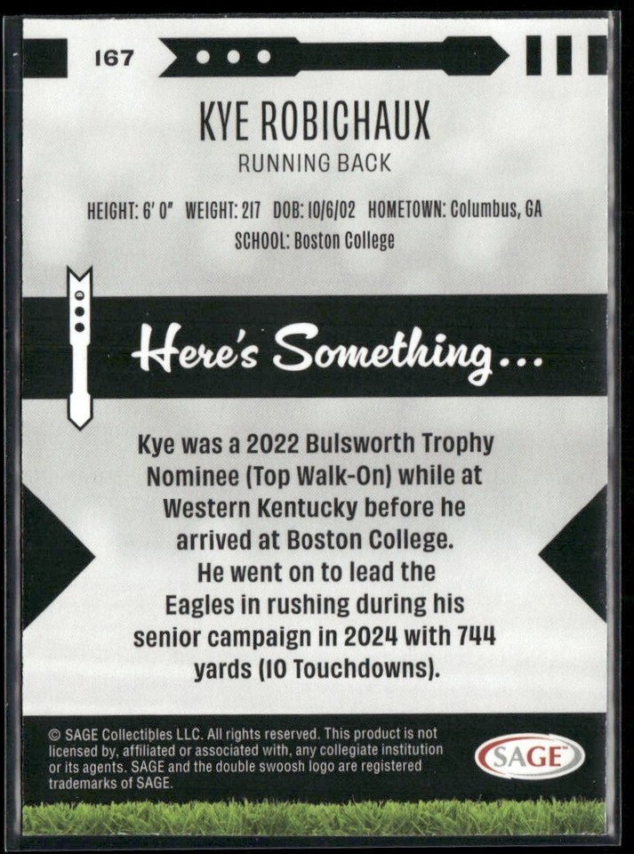 2025 Sage Hit Black Football #167 Kye Robichaux Boston College Eagles ...