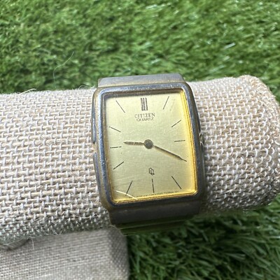 VTG Citizen CQ Watch Men 25mm Gold Tone Black Dial Rectangle 6020 ...