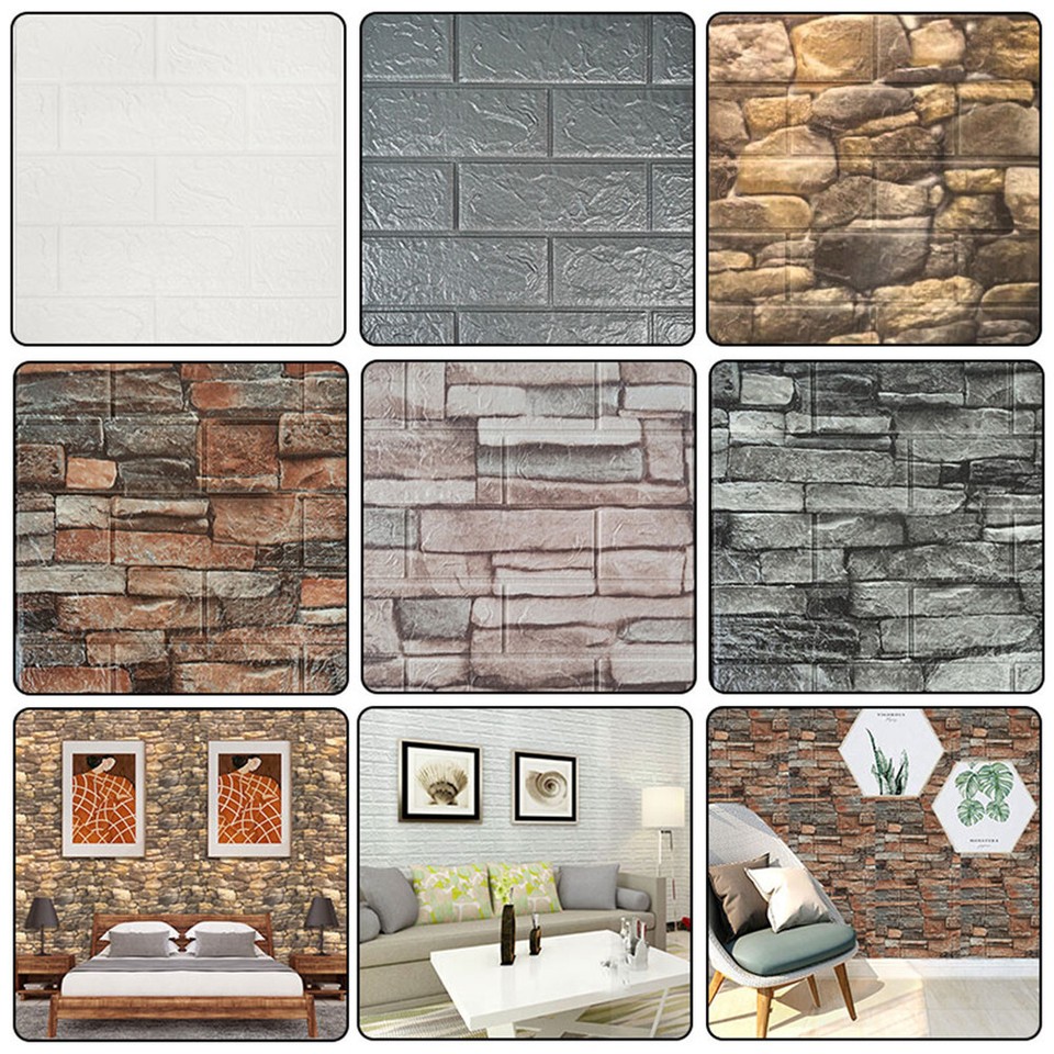 60PCS 3D Tile Brick Wall Stickers Self-adhesive Waterproof Foam Panels ...