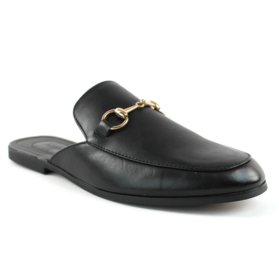 Mens Black Leather Backless Slip On Mule Gold Buckle Loafers Shoes ...