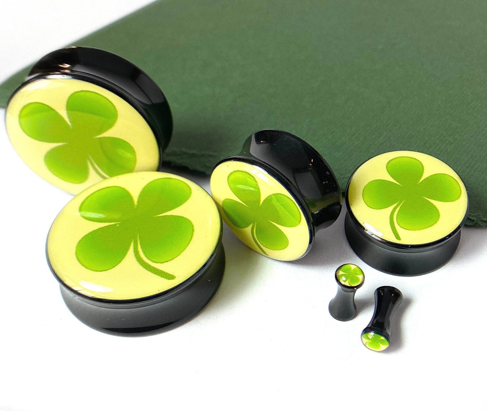 PAIR Four Leaf Clover Plugs Logo Double Flare Saddle Shamrock St ...
