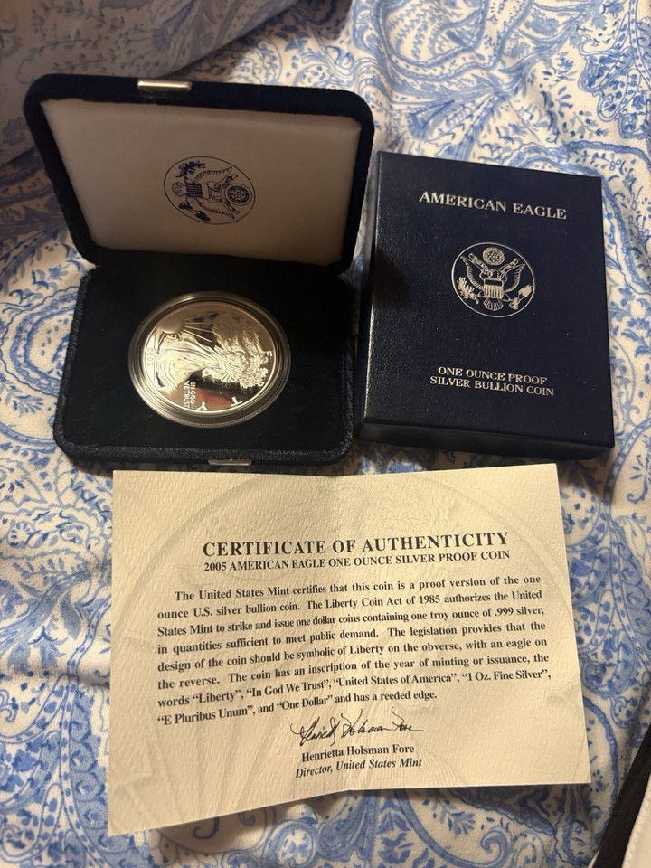 2005 W AMERICAN EAGLE ONE OUNCE PROOF SILVER COIN COA ORIGINAL BOX and ...