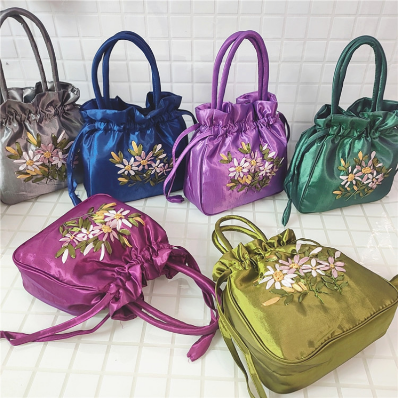 Women Girls Ethnic Floral Embroidered Handbag Drawstring Shiny Retro ...