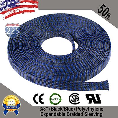 50 FT 3/8" Black Blue Expandable Wire Sleeving Sheathing Braided Loom ...