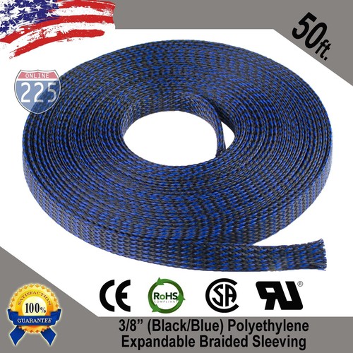 50 FT 3/8" Black Blue Expandable Wire Sleeving Sheathing Braided Loom ...