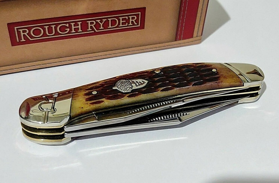 ACORN SHIELD COPPERHEAD HUNTING POCKET KNIFE ROUGH RIDER AMBER BONE R.R ...