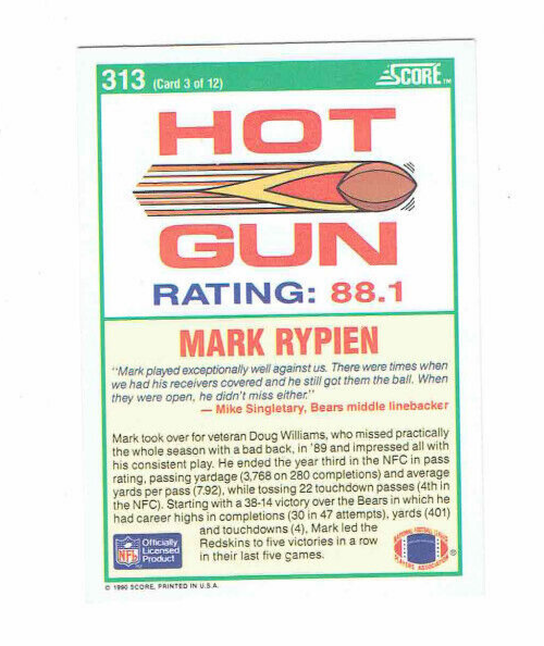 Mark Rypien Hot #313 Score 1990 Football Card | eBay