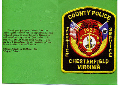 Chesterfield County Police Virginia Shoulder Patch on a Dept History ...