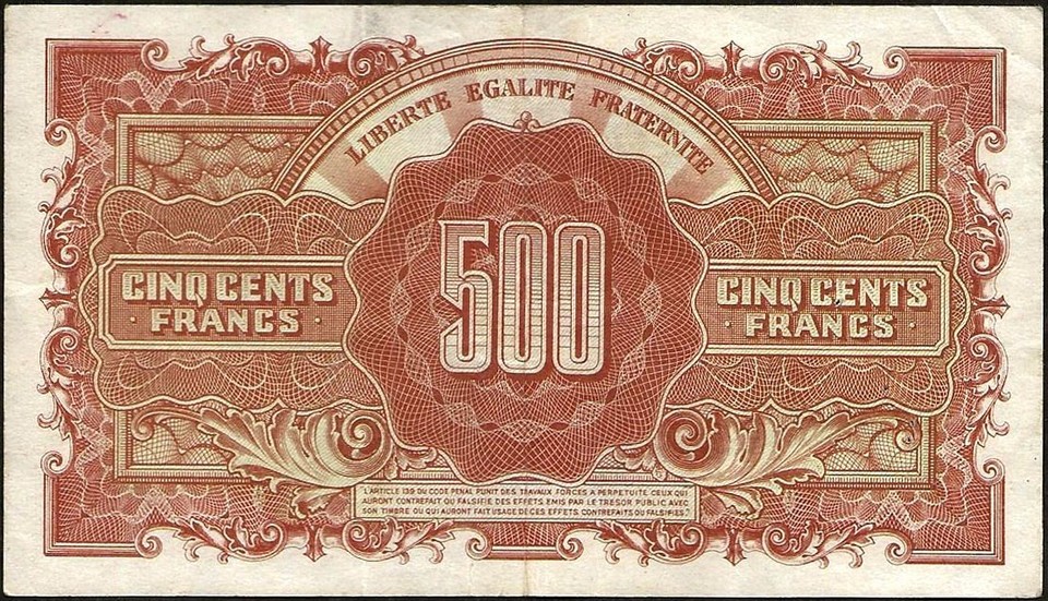 Bank Note France - 500 Francs Marianne English Manufacture 1945 TTB ...