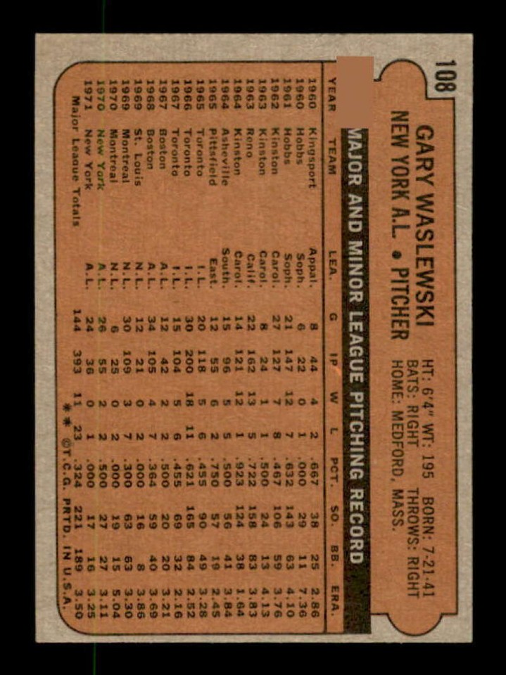 1972 Topps #108 Gary Waslewski EXMT/EXMT+ Yankees 560725 | eBay