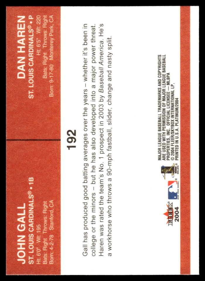 2004 Fleer Platinum #192 John Gall / Dan Haren Rookie St. Louis ...