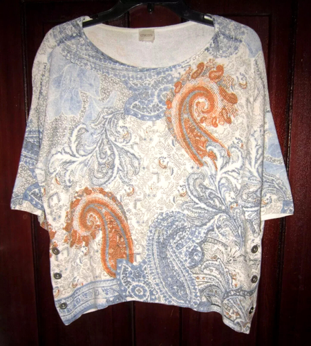 Chico's Sz 2 3 L XL Knit Top Blouse Shirt Paisley Print 3/4 Sleeve Side ...