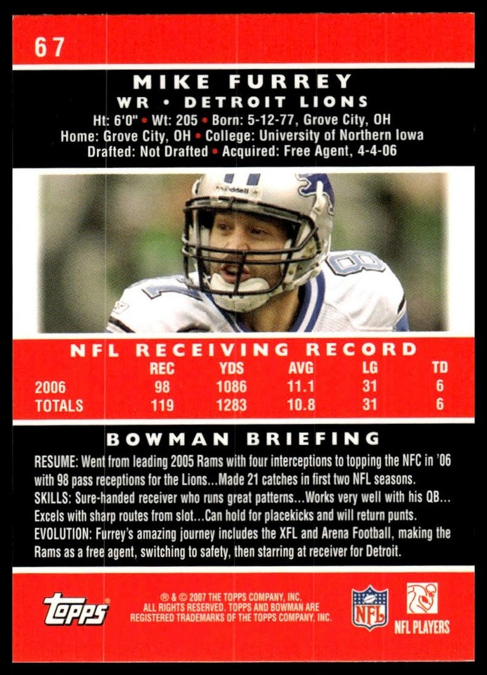 2007 Bowman Mike Furrey #67 | eBay