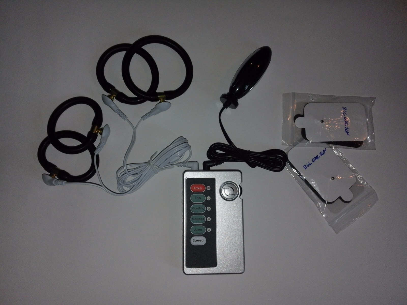 ESTIM TENS E-STIM SET WITH CONTROL UNIT + 4 X CONDUCTIVE RINGS AND BI ...