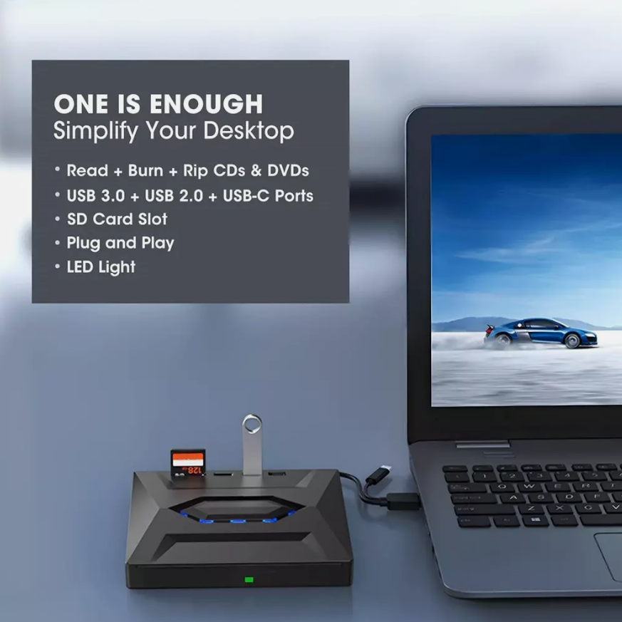 External CD DVD-RW Drive Writer Burner USB SD USB-C Reader Hub PC ...