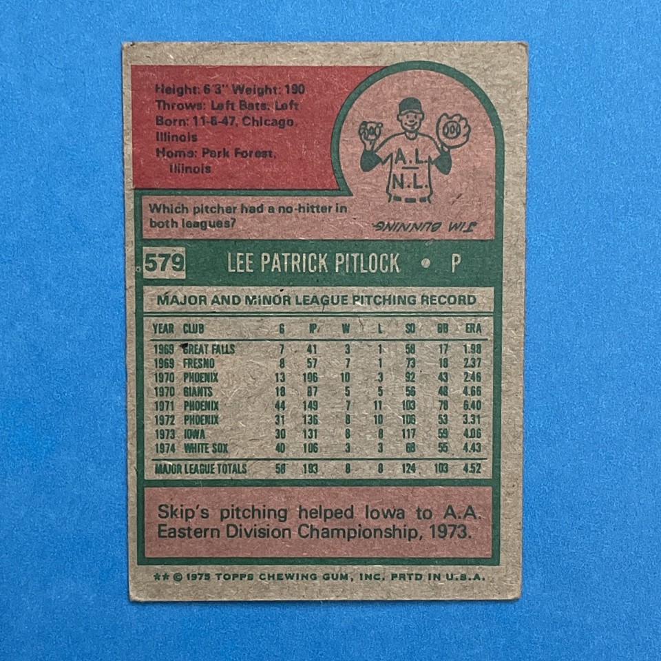 1975 Topps Baseball Card #579 Skip Pitlock Chicago White Sox Pitcher VG ...