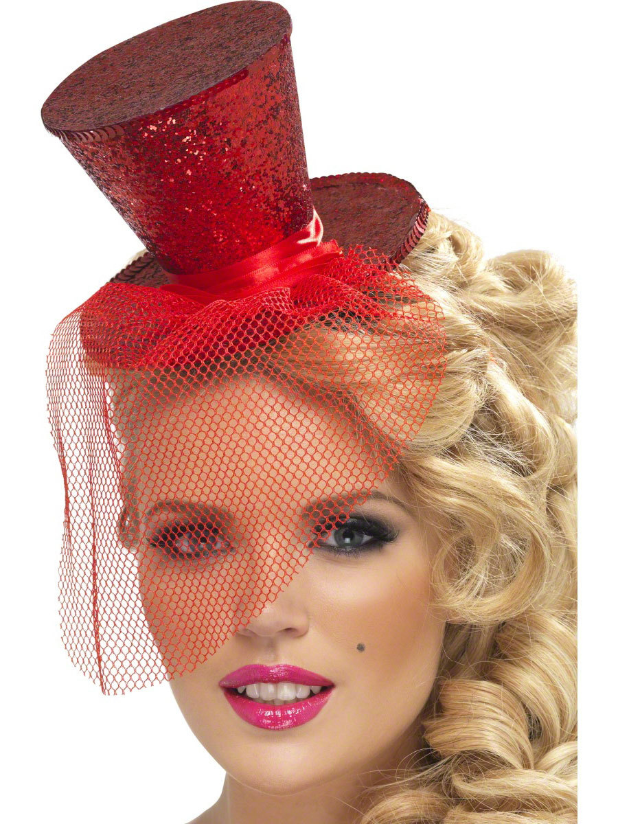 Mini Red Top Hat Mad Hatter Costume Flapper Feather Womens Adult Fancy ...