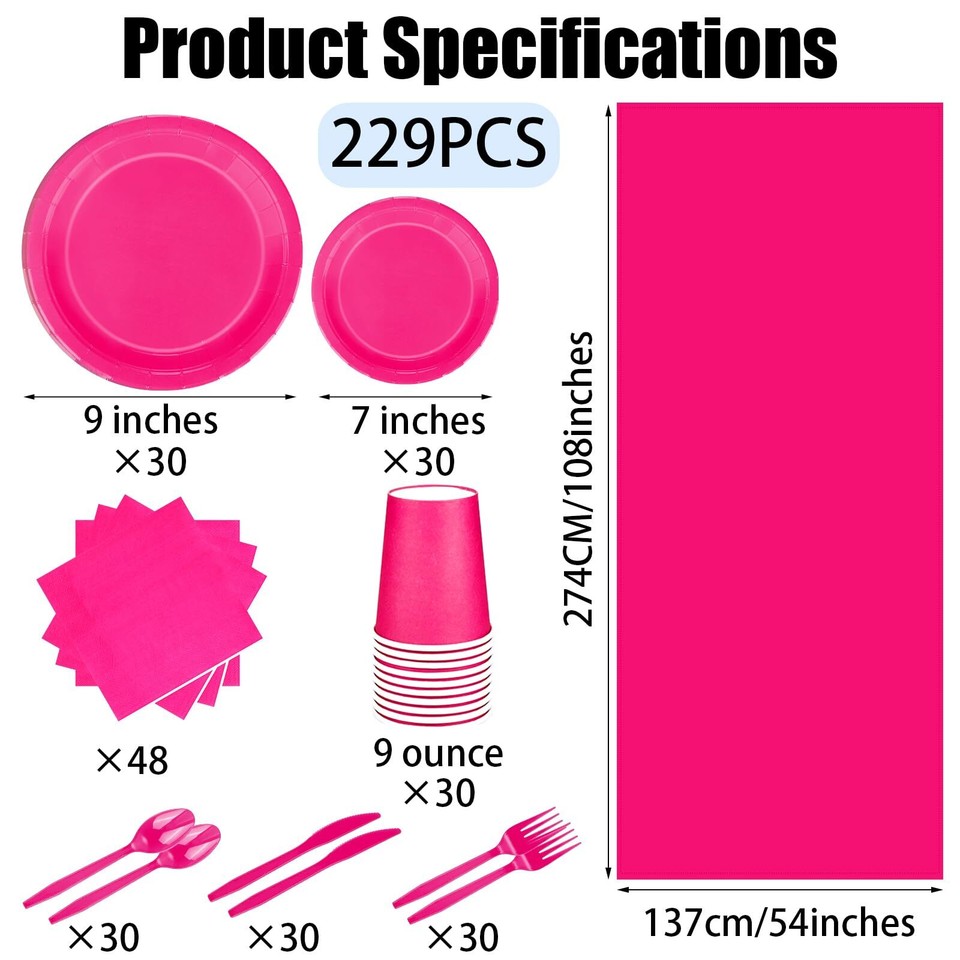 229PCS Hot Pink Party Supplies Set - Paper Disposable Plates Cups ...