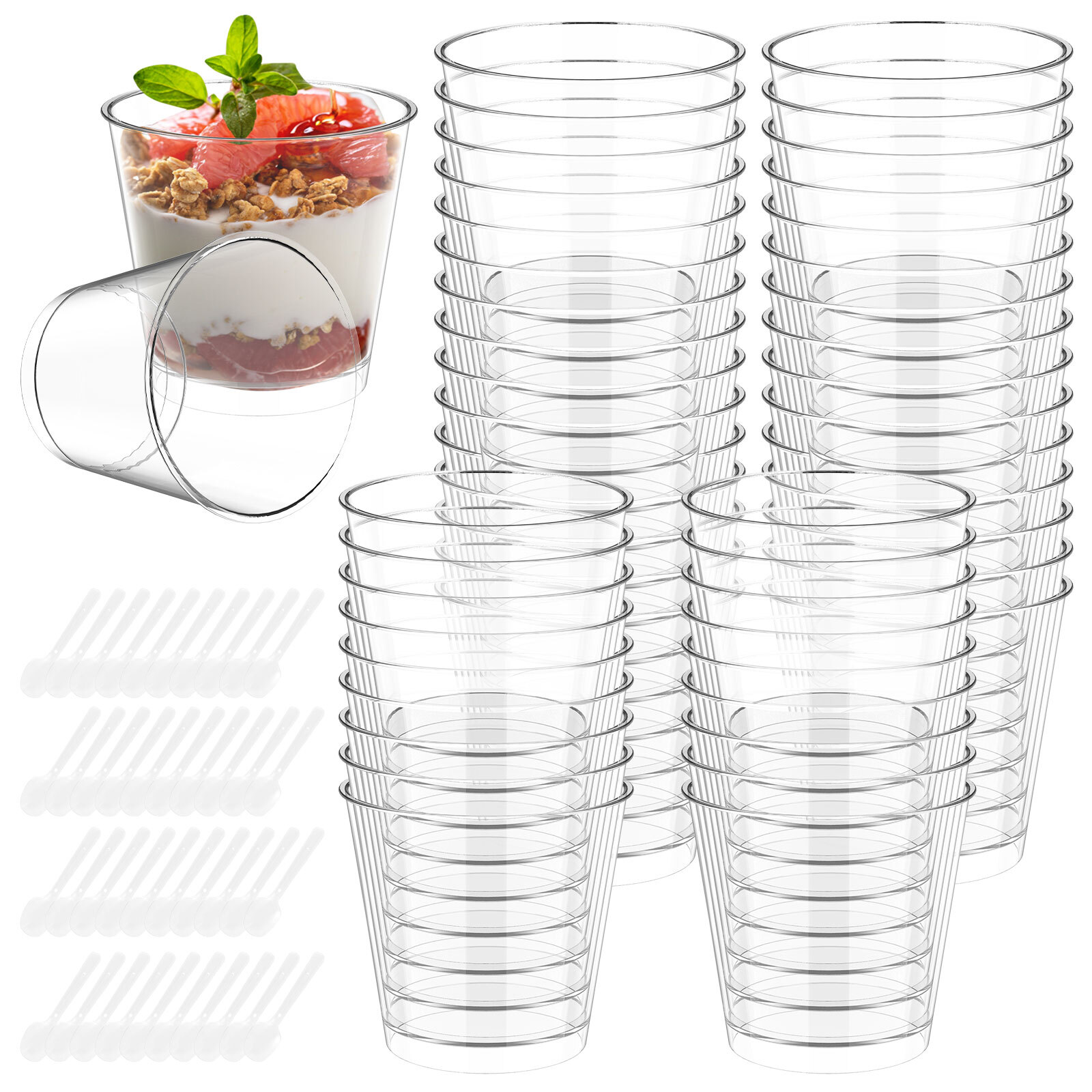 50X Plastic Mousse Cups with 50 Lids Clear Ice Cream Dessert Snack Cake ...