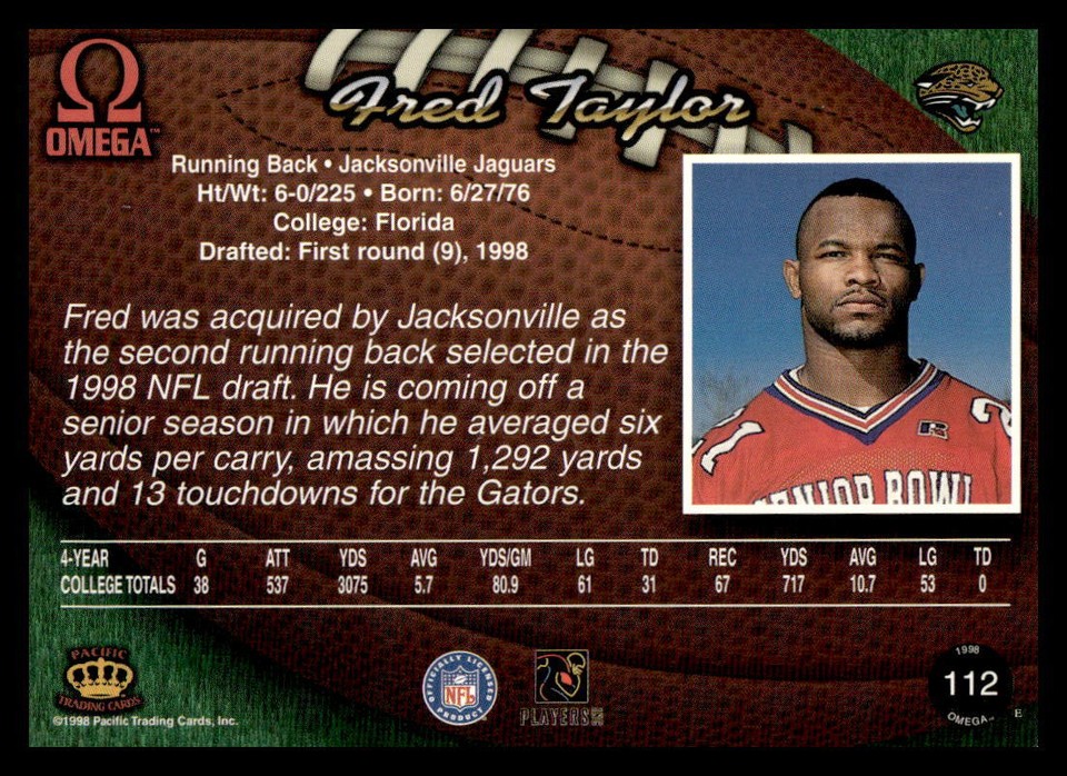 Fred Taylor 1998 Pacific Omega #112 Jacksonville Jaguars RC Football ...
