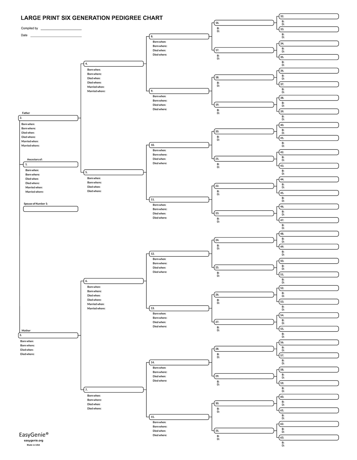 LARGE PRINT Blank Pedigree Chart 6 generations/64 names for Ancestry ...