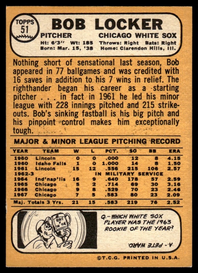 1968 Topps Bob Locker Chicago White Sox #51 | eBay