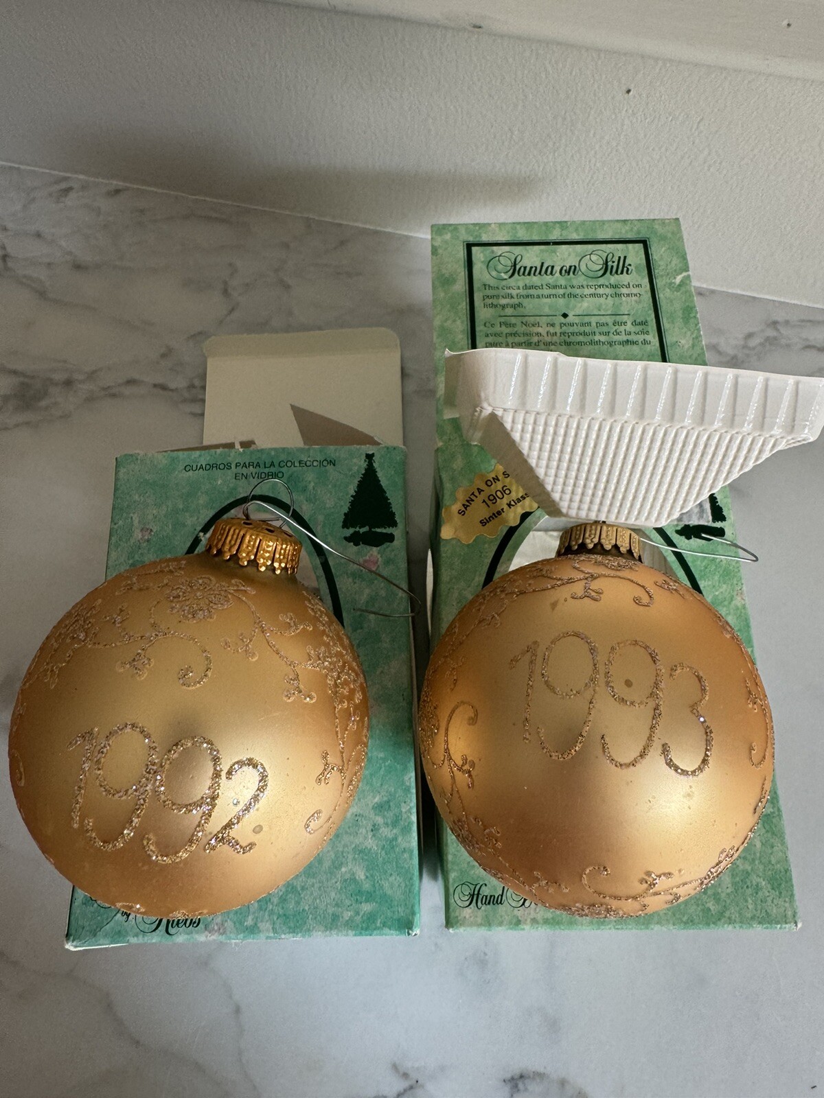 Two Santa On Silk 1906 SINTER KLASS glass ball Christmas Ornament w/Box ...