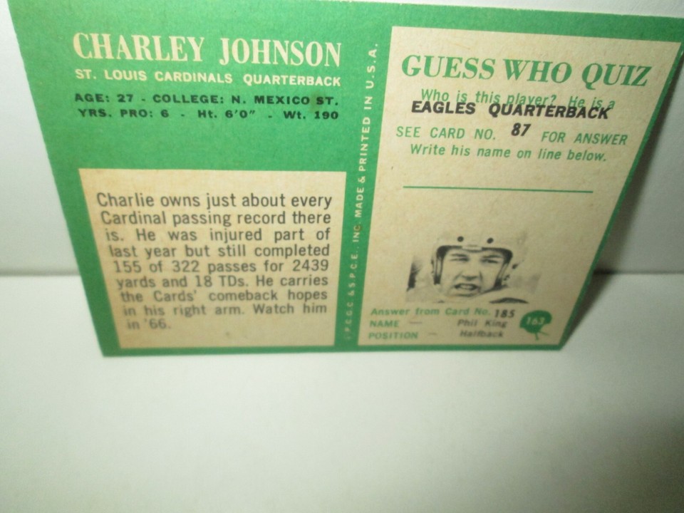 CHARLEY JOHNSON 1966 CARD Philadelphia Gum #163 ST. LOUIS CARDINALS QB ...