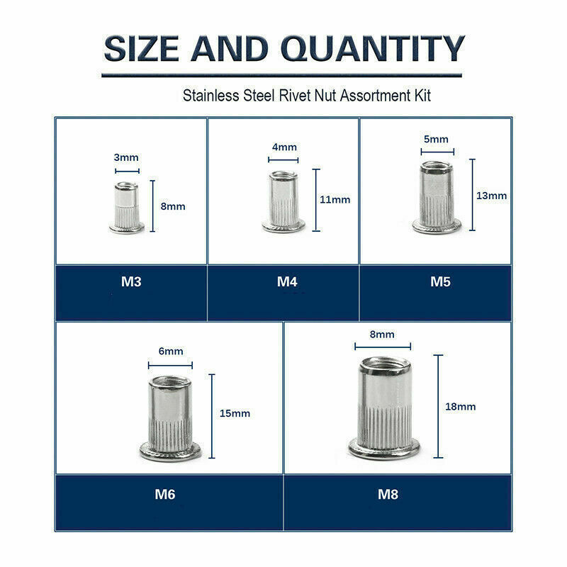 150PCS Stainless Steel Flat Head Threaded Rivet Nuts Blind Nutserts Kit ...