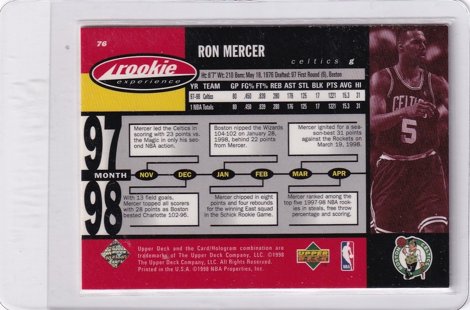 RON MERCER 1998-99 UPPER DECK HARDCOURT ROOKIE EXPERIENCE ROOKIE CARD ...