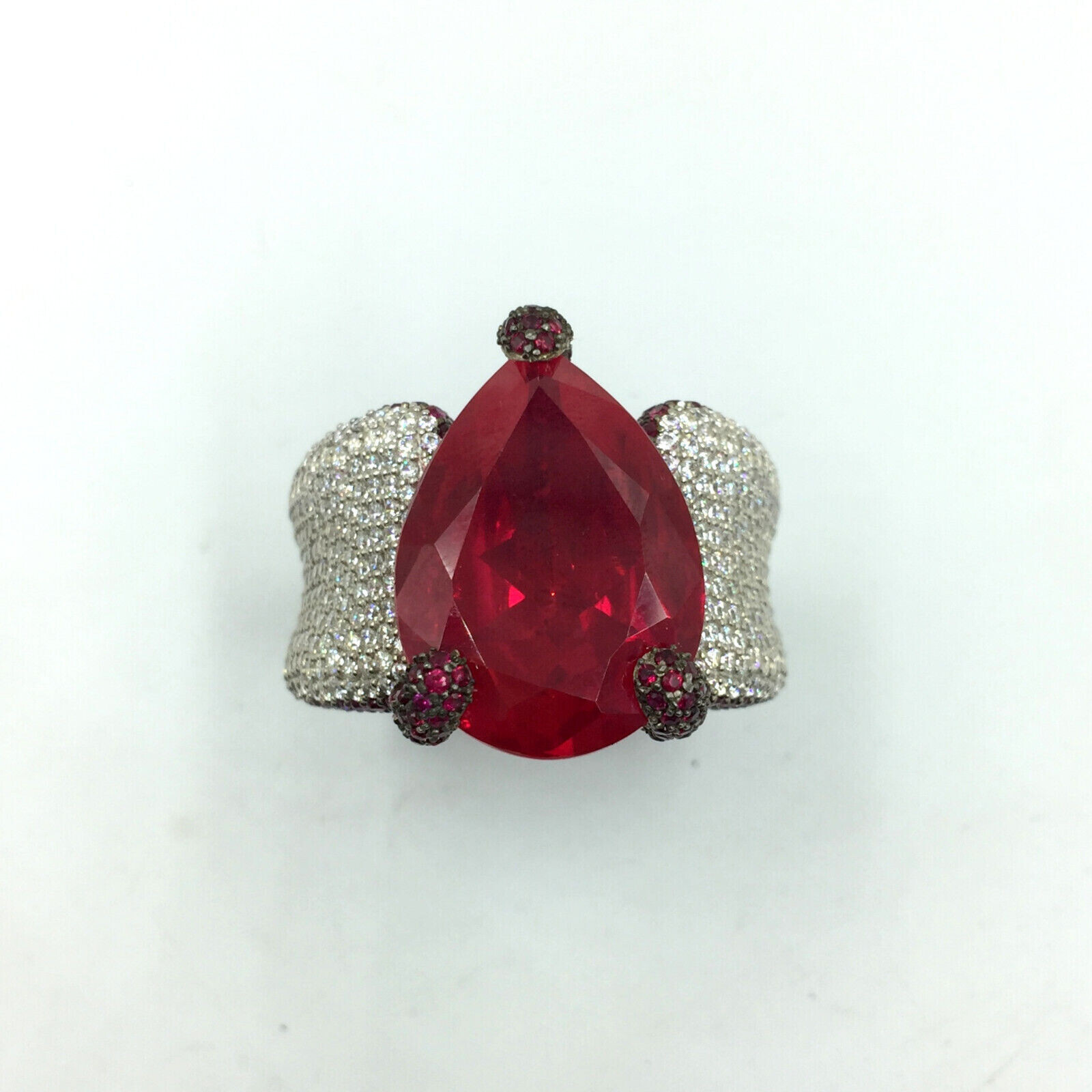 Gorgeous Micro Pave Set Ruby & Cubic Zirconia Huge 935 Silver Ring ( 10 ...