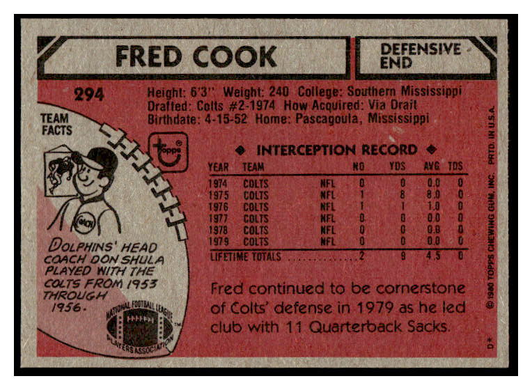 1980 Topps #294 Fred Cook Baltimore Colts Excellent | eBay