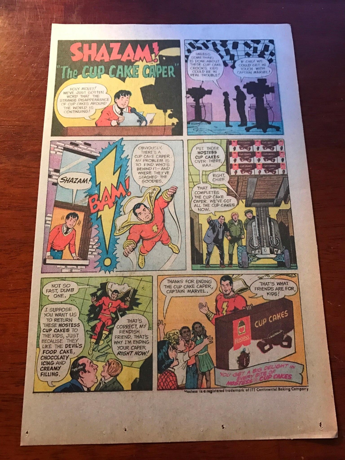 1976 VINTAGE 6.5X10 COMIC PRINT AD FOR Hostess CUPCAKES DC Shazam CUP ...