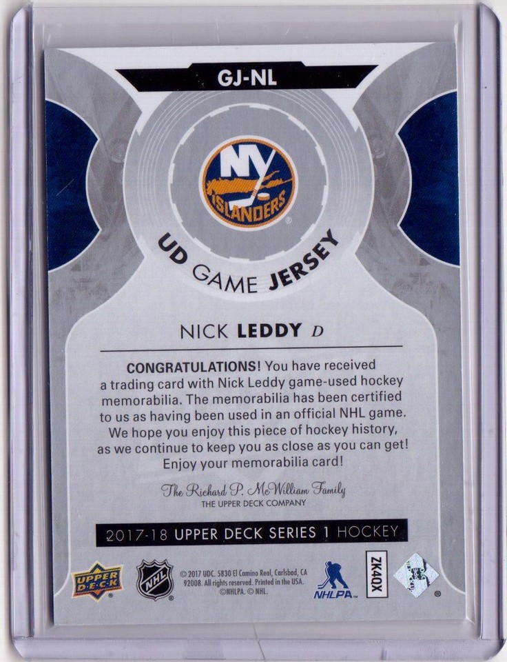 NICK LEDDY 17/18 Upper Deck UD Game Jersey #GJ-NL New York Islanders ...