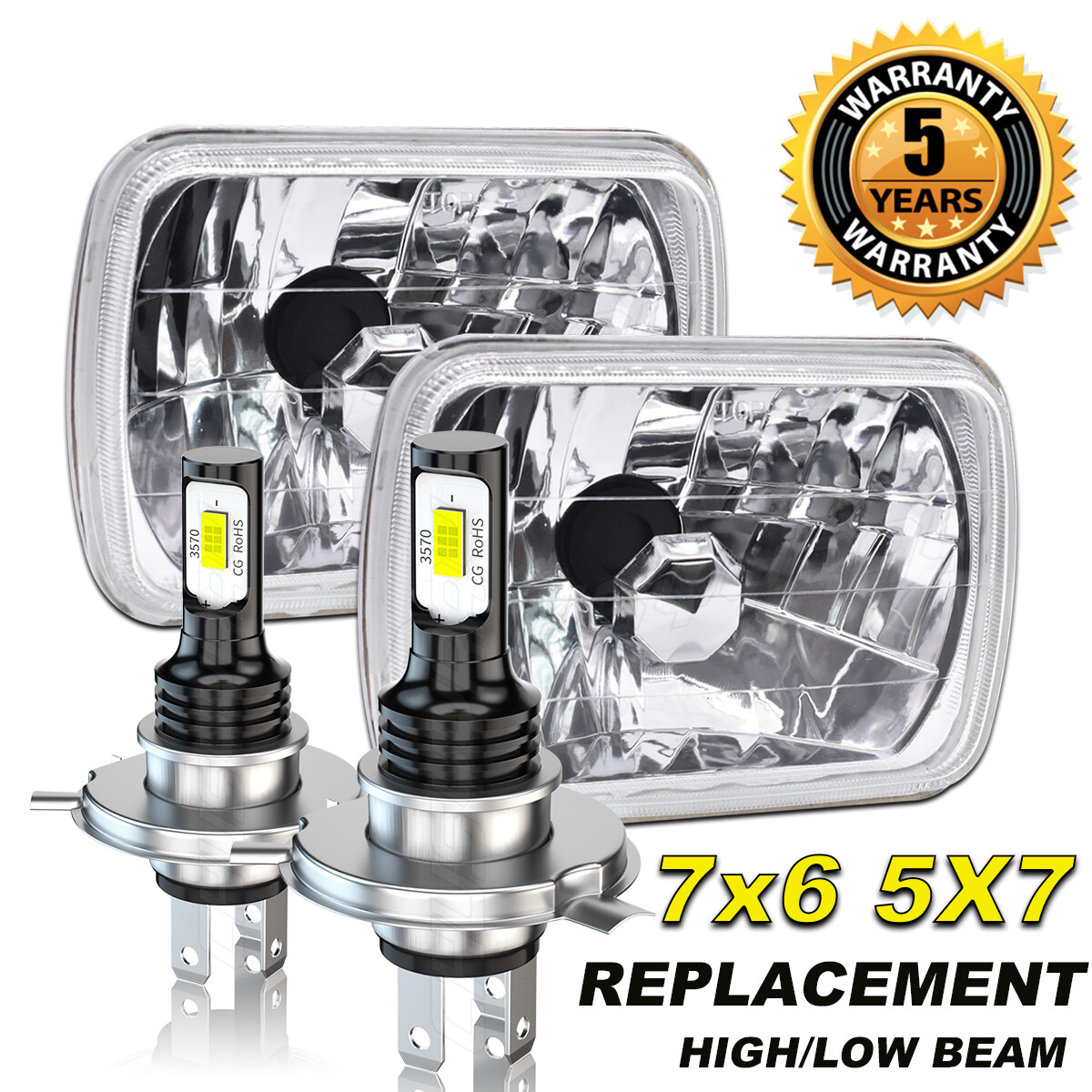 5x7" 7x6" INCH LED High Low Headlights For Freightliner FL50 FL60 FL70 ...