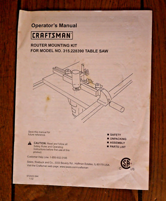 Craftsman Model 315.228390 ROUTER MOUNTING KIT Owners Manual | eBay